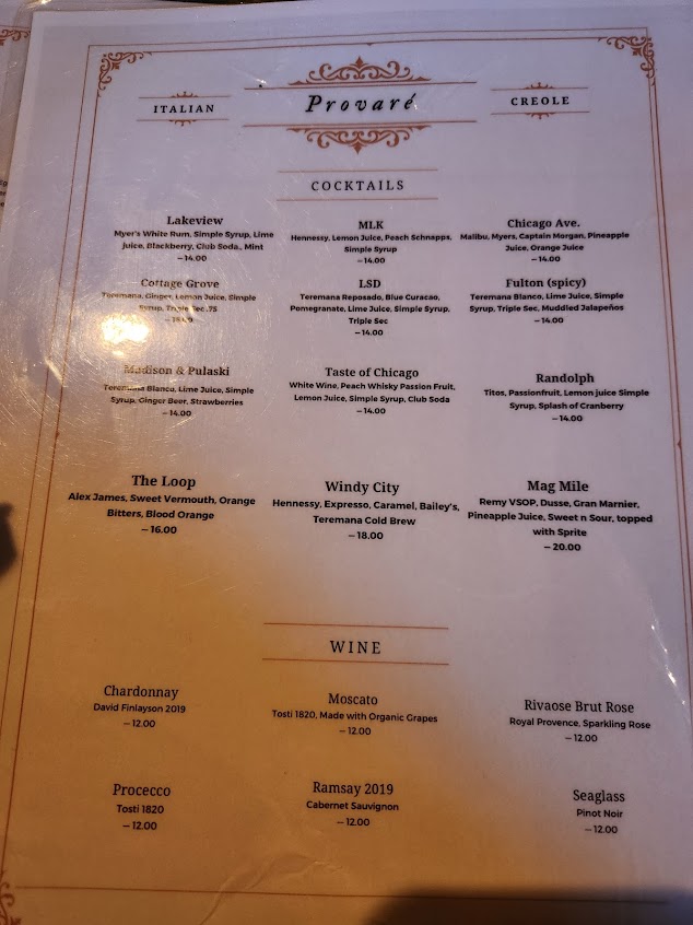 Provare Chicago Menu – Fine Italian Cuisine & Exciting Dining Experience