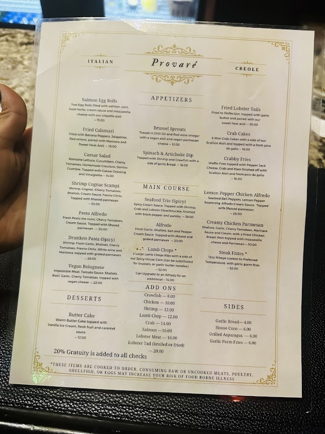 Provare Chicago Menu – Fine Italian Cuisine & Exciting Dining Experience